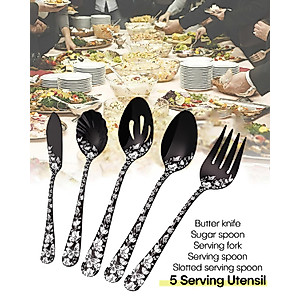 Stapava Serving Utensils Set Black, 5PCS Stainless Steel Flatware Serving Set with Large Serving Spoon Slotted Serving Spoon Serving Fork Sugar Spoon Butter Knife for Dinner Party, Dishwasher Safe