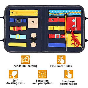 FBve Toddler Busy Board, Montessori Basic Skills Activity Board for Fine Motor Skills & Learn to Dress - Educational Learning Toys for Toddlers - Sensory Toy for Airplane or Car Travel