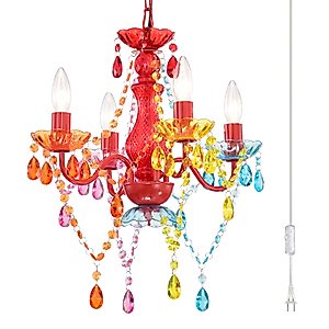 Plug in Chandelier Lighting with Cord Colorful Chandelier Light Fixtures 4 Lights Acrylic Chandelier Small Crystal Chandeliers for Bedrooms