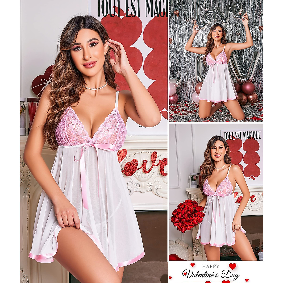 Avidlove Women White Lingerie Lace Babydoll Strap Sleepwear Sheer Chemise V neck Teddy White S