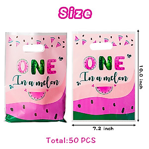 3sscha 50Pcs One in A Melon Party Favor Bag Watermelon Themed Waterproof Goodie Bag with Die Cut Handles Summer Glossy Plastic Candy Gift Bags for Kid First Birthday Baby Shower Decoration Supplies