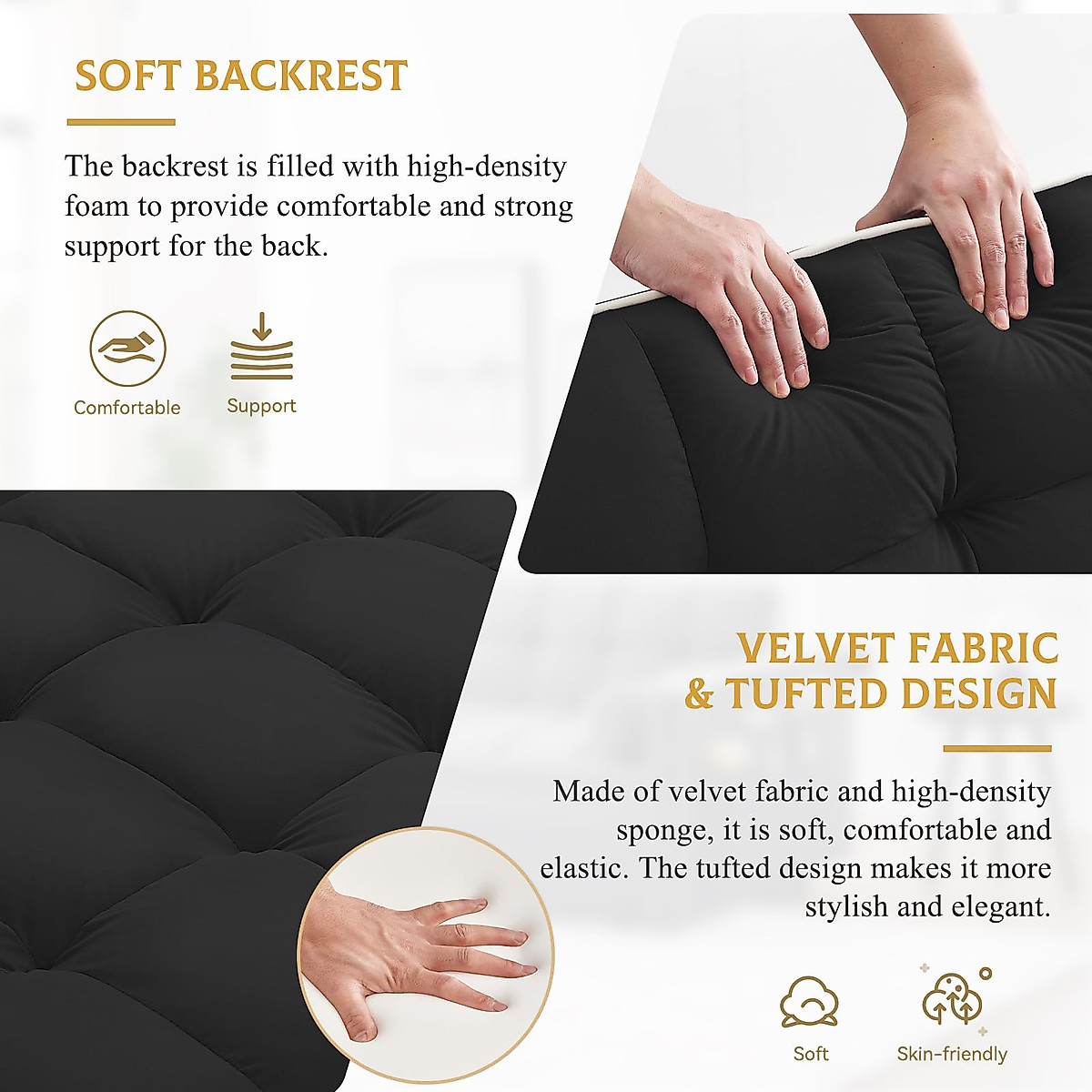 3 in 1 Convertible Sleeper Sofa,55.5" Velvet Tufted Pull Out Couch Bed,Loveseat Futon Sofa Chaise Lounge with Adjustable Backrest&Phone Holder for Living Room,Office,Apartment,Small Space(Black)