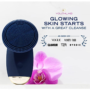 YouthLab SoniGlow, Navy, Silicone Facial Skin Cleansing Brush, Electric, Vibrating, Scrubber, Hygienic, Exfoliation, Massage, Firm, Tone, Blackheads, Pores, Waterproof, Rechargeable, Makeup Removal