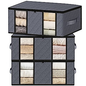 HomeHacks Storage Clothing Storage Bags, Storage Box Clothes Organizer with Clear Windows, Sturdy Handles Clothing Storage for Cloth, Toy, Bedding Storage, 3-Pack, Grey