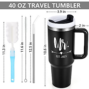 Qtencas Mr and Mrs Gifts, Mr and Mrs EST 2025 Stainless Steel Travel Tumblers Set, Engagement Wedding Gifts, 40 oz 2025 Travel Mug for Couples Newlyweds, Bridal Shower Anniversary Cups（Black & White）