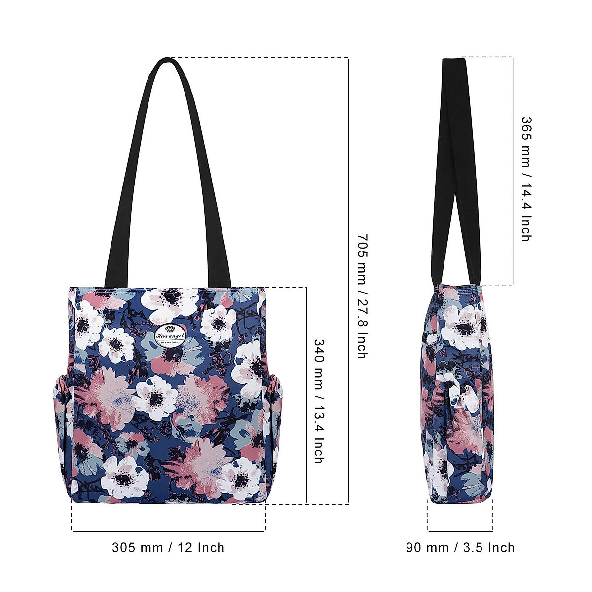 HUA ANGEL Floral Tote Bag - Casual Shoulder Bag Daily Tote Bag with Zipper Gym Travel Shopping Work Handbag for Women