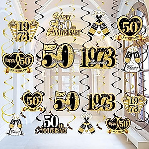 50th Anniversary Hanging Swirls Decorations, Black Gold Happy 50th Wedding Anniversary Married in 1973 Foil Swirl Party Supplies, Cheers to 50 Years Anniversary Ceiling Hanging Decor
