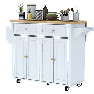 Kitchen Island Cart with Drop Leaf, Rolling Mobile Kitchen Island Table on Wheels with Storage Cabinet, Drawer, Spice/Towel Rack, White