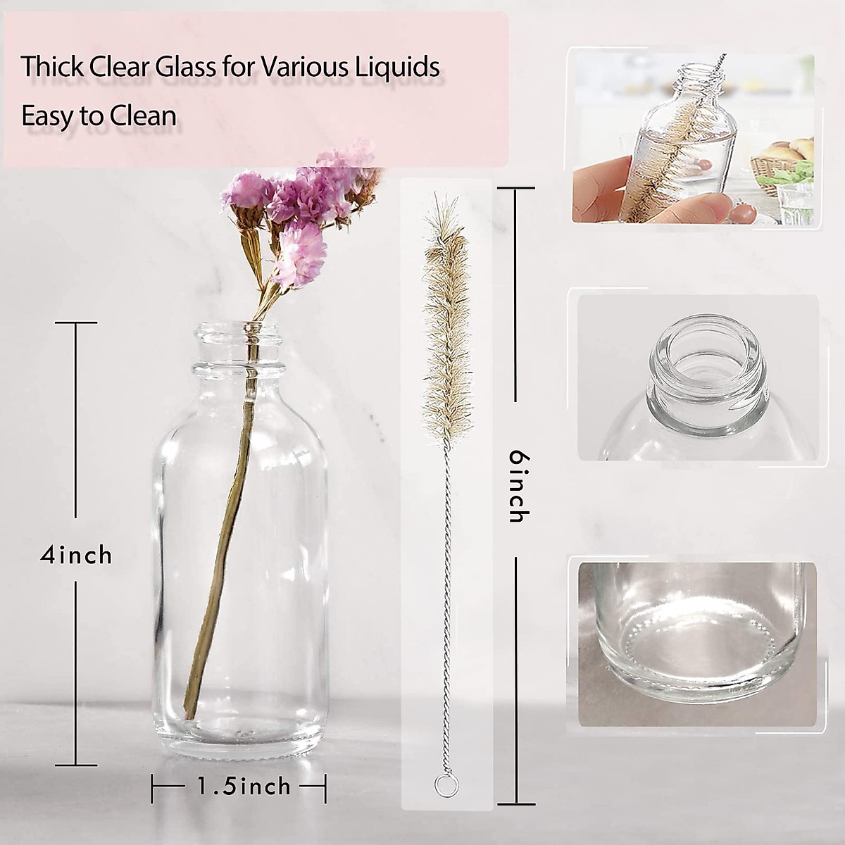 14Pack 2oz Bottles with Airtight Lids,Boston Clear Glass Mini Shot Bottles With Cap for Whiskey Sample Bottle,Ginger Shots Bottles,Potion,Oils,Vanilla,Liquid,Shot Jars With 2 Funnels 16 Labels 1Brush