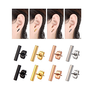 Mudder 4 Pairs Stud Earrings Stainless Steel Line Stick Stud Earring Rectangle Bar Stud for Men and Women, 4 Colors