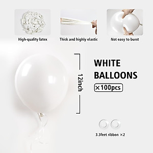 BAUANOOY 100pcs White Balloons 12 inch, White Latex Balloons with White Ribbon for Engagement Bridal Shower Bachelorette Birthday Wedding Party Decorations