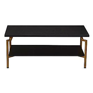 Household Essentials Crown Rectangular Coffee Table with Storage Shelf Black Oak Wood Grain and Gold Metal
