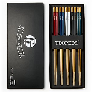 TOOPEEG Metal Chopsticks Reusable Dishwasher Safe 5 Pairs Stainless Steel Chopsticks 9.5 Inches Non-Slip Classic Style Chop Sticks Gift Set