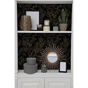 EeeComing Peel and Stick Wallpaper Black and Gold Floral Wallpaper Gold Floral Contact Paper Removable Self Adhesive Wallpaper for Wall Cabinets Vinyl Roll 78.7"x17.3"