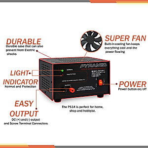 Pyramid Universal Compact Bench Power Supply-12 Amp Linear Regulated Home Lab Benchtop AC-to-Dc 12V Converter w/ 13.8 Volt Dc 115V AC 270 Watt Power Input, Screw Type Terminals, Cooling Fan-PS14KX.5