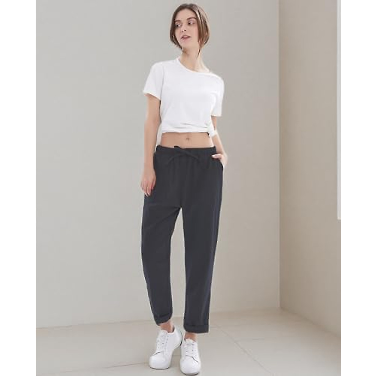 Lisskolo Women's Drawstring Linen Pants Women Cotton Elastic Waist Wide Leg Cropped Pant X-Large Black