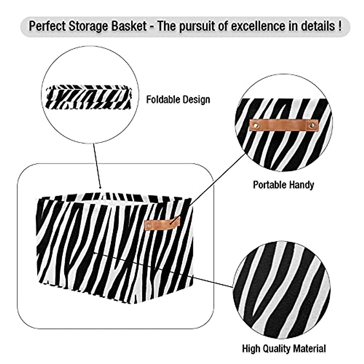 Storage Baskets Bin, Animal Zebra Skin Printed Collapsible Canvas Fabric Storage Bin Decorative Baskets Toy Organizer Rectangle Storage Boxes with Handles for Home Shelves Nursery,1Pack