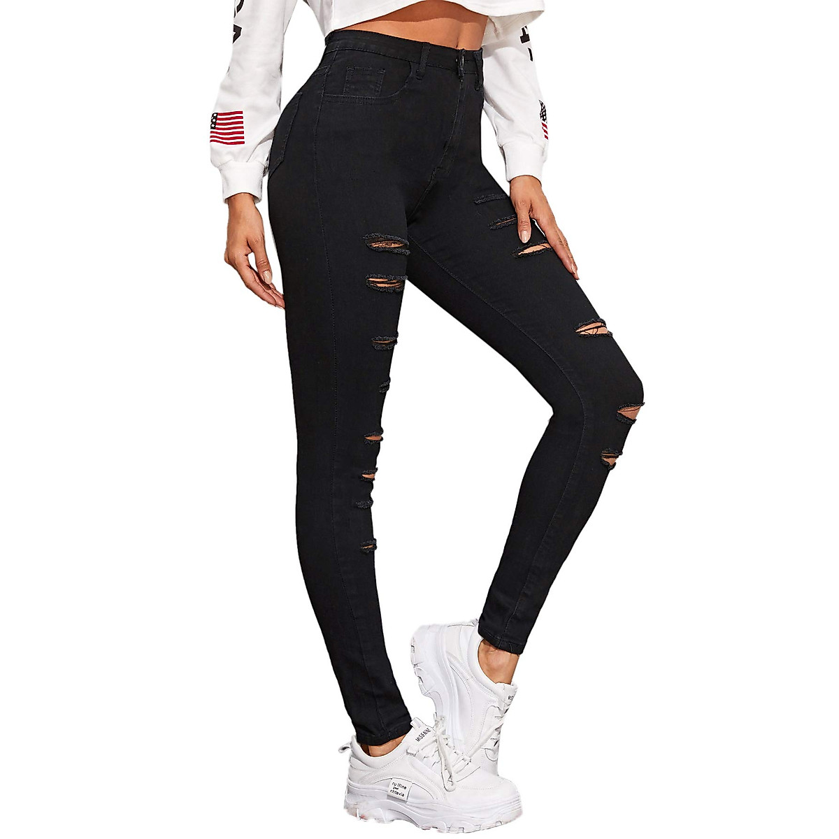 SweatyRocks Women's Hight Waisted Stretch Ripped Skinny Jeans Distressed Denim Pants Black-5 S