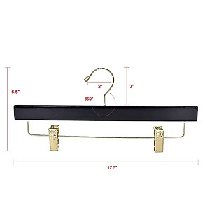 Quality Hangers Black Wooden Pants Hangers - 20-Pack Swivel Hook Cloth Hanger Set - Lotus Wood Skirt, Pant, Shorts and Slack Hangers with Adjustable Clip – Black Clothing Hanger (Gold Hook, 20)