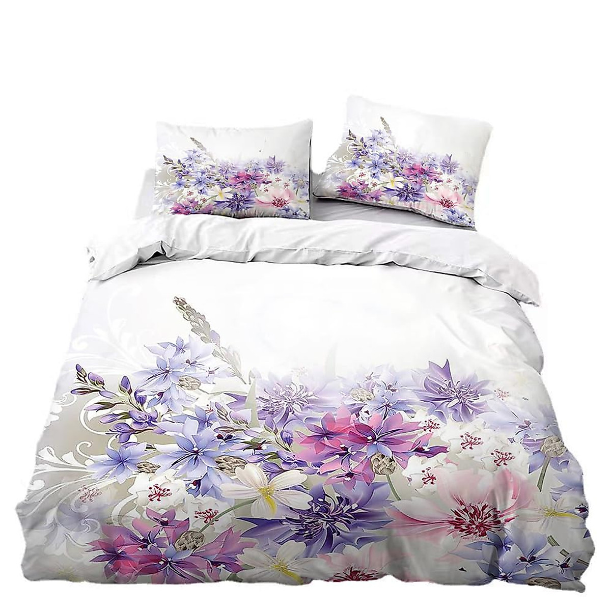 Purple Themed Flower Duvet Cover Set, Vibrant Blooming Bouquet Printed Duvet Cover ,Comfortable And Lightweight 3-piece Bedroom Pillowcase Home Decoration (1 Duvet Cover+2 Pillowcases)-Flower1-King