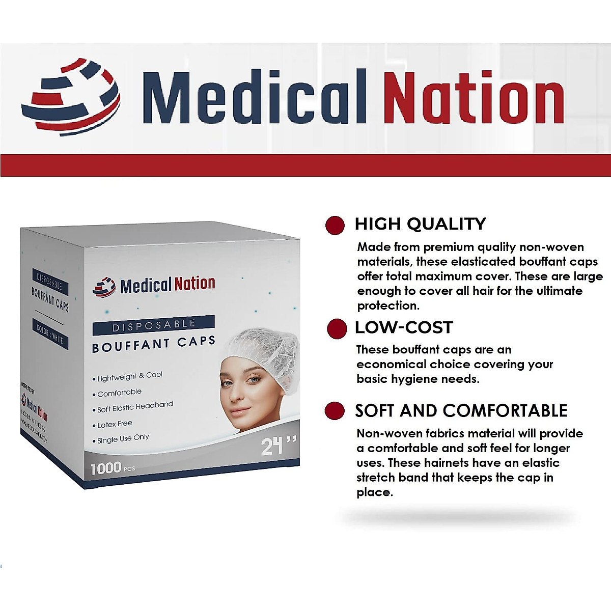 Medical Nation 21" Disposable Bouffant Caps |CASE OF 1000, WHITE| Hairnets, Non-Woven, Non-Pleated Head Hair Covers |For Medical, Labs, Nurse, Tattoo, Food Service, Hospital, Cooking - Size 21" White