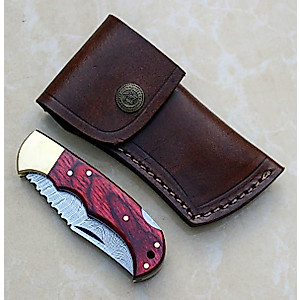 Nesmo-506 Damascus Steel Pocket Knife for Men - Handmade Folding Hunting Knives with Leather Pouch - Best Knife for Camping Hunting Hiking (Red Pakka Wood Handle)