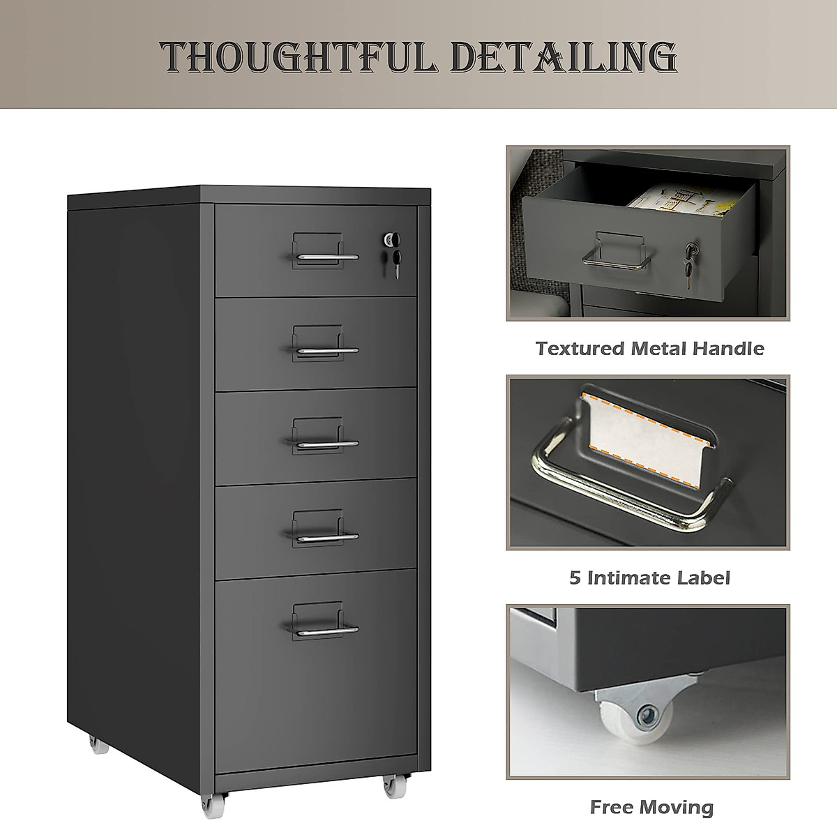 Mobile Storage Cabinet with 5 Drawers, Thickened Metal Storage Cabinet with Casters and Lock, Small Classification Storage Cabinet for Home Office and School, Black…