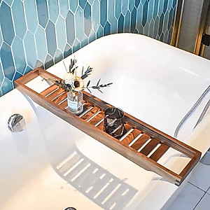 Owbnaa Luxury Wooden Bath Tray Caddy - Black Walnut/Beechwood Adjustable Bathtub Holder - Versatile Spa Shelf and Bathroom Decor (Black Walnut,86 * 22cm), XX04BT