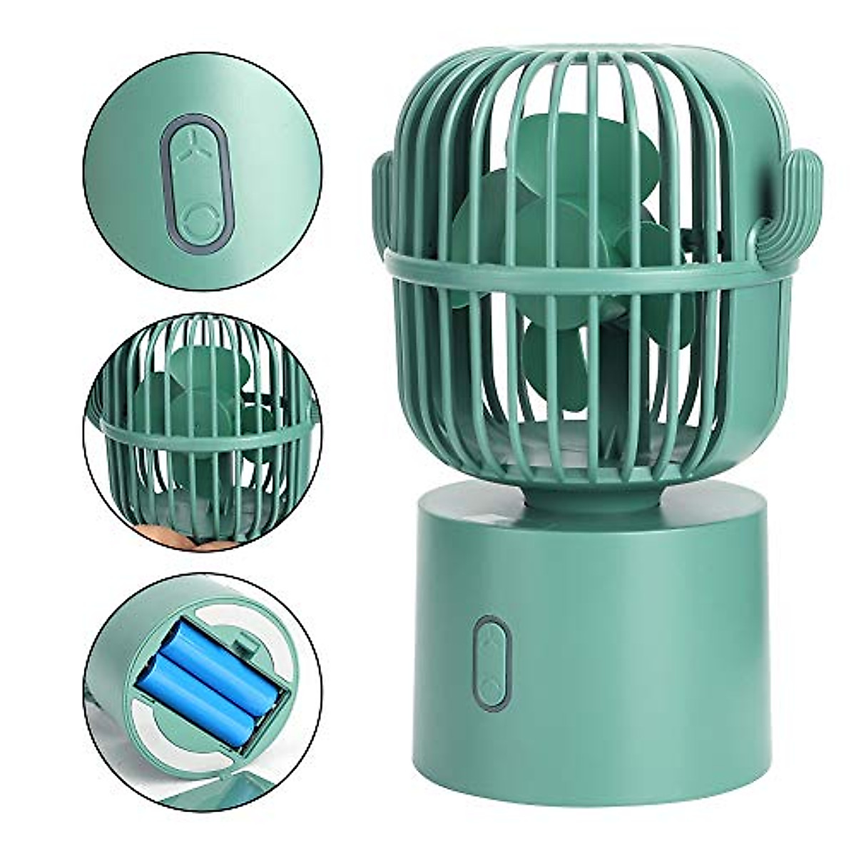 USB Desk Fan, 3 Speeds Adjustable Portable Cute Cactus Desktop Table Fan Two Ways Charging Wide-Angle Shaking Head Mini Personal Cooling Fan for Home, Office, Car, Desktop Decoration(Green)