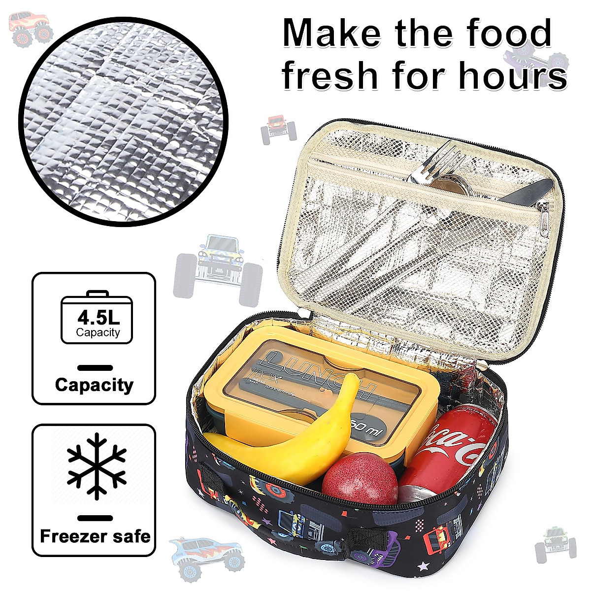 CAMTOP Monster Truck Kids Lunch Box Boys Girls Insulated Lunch Cooler Bag Reusable Lunch Tote Kit for School Travel