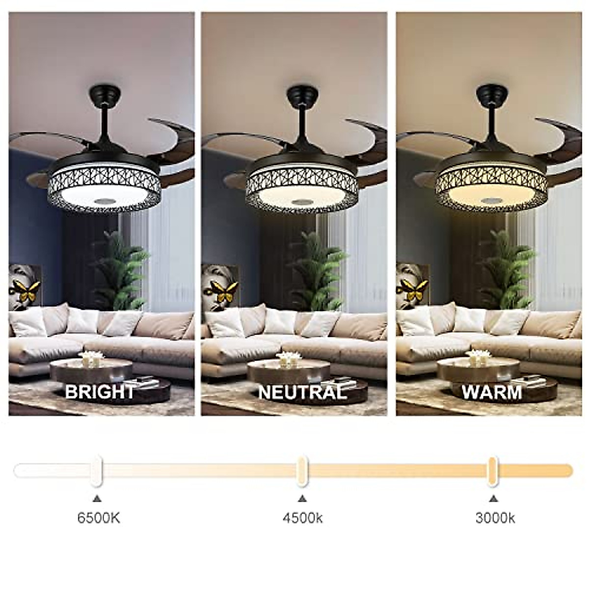 MoreChange 42” Retractable Ceiling Fans with Lights and Remote Control, Invisible Modern Chandelier Fan Lighting with Bluetooth Speaker Play Music 7 Colorful Dimmable Fixture for Bedroom/Living Room