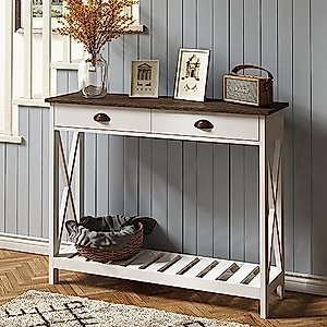 ChooChoo Farmhouse Console Table with Drawer for Entryway, Narrow Long Entry Table with Shelf for Living Room, Rustic Vintage Hallway Sofa Table with Stable X Supports, 40 White