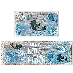 Haull Coastal Kitchen Rugs Set of 2 Ocean Kitchen Mat for Floor Soft Beach Rugs for Home Accessories Decor, 17 x 29 Inches and 17 x 47 Inches, Blue(Mermaid)