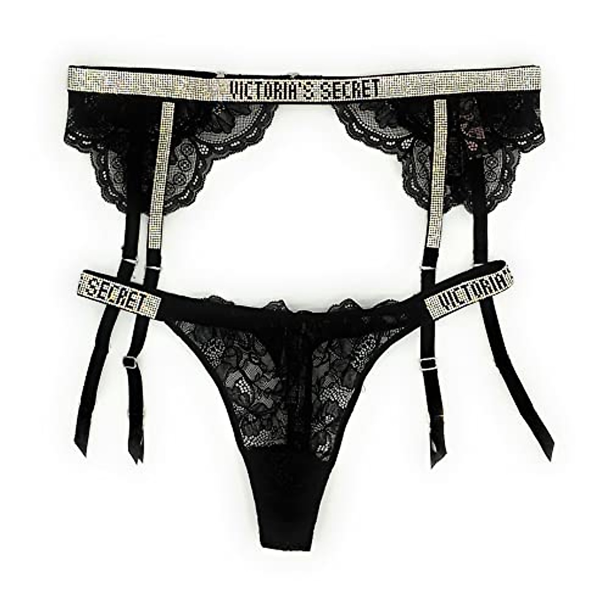 Victoria's Secret Bombshell Shine Strap Thong Panty and Garter Belt Bundle, Black Lace, Medium