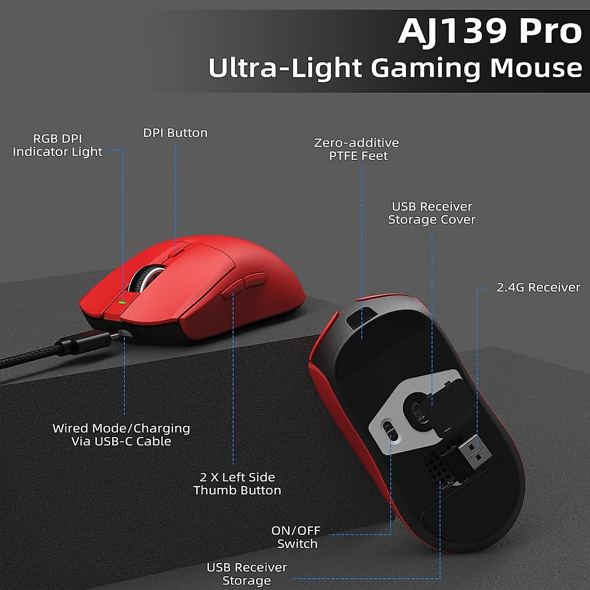 A.JAZZ AJ139 G Pro Wireless Gaming Mouse Ultra-Lightweight 59g with Dual Mode-Type C Wired/2.4Ghz USB Receiver up to 26000DPI 6 Programmable Button Ergonomic Symmetric for PS4 Xbox PC Mac Gamer(Red)