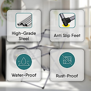 XABITAT Foldable Clothes Drying Rack with Shoe Hanger | Metal Construction, Non-Slip Feet | Dual Layer with Hooks | Hidden Wheels | Space Saving Portable | Ideal for Laundry Room, Indoor & Outdoor