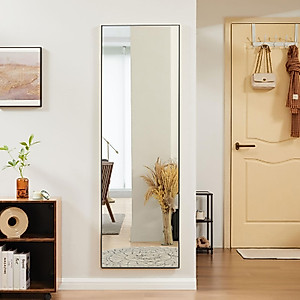Sweetcrispy Full Length Mirror 59"x16" Full Body Floor Standing Mirror Hanging or Leaning Against Wall, Tall Wall Mirror with Stand Aluminum Alloy Frame for Bedroom Cloakroom, Black