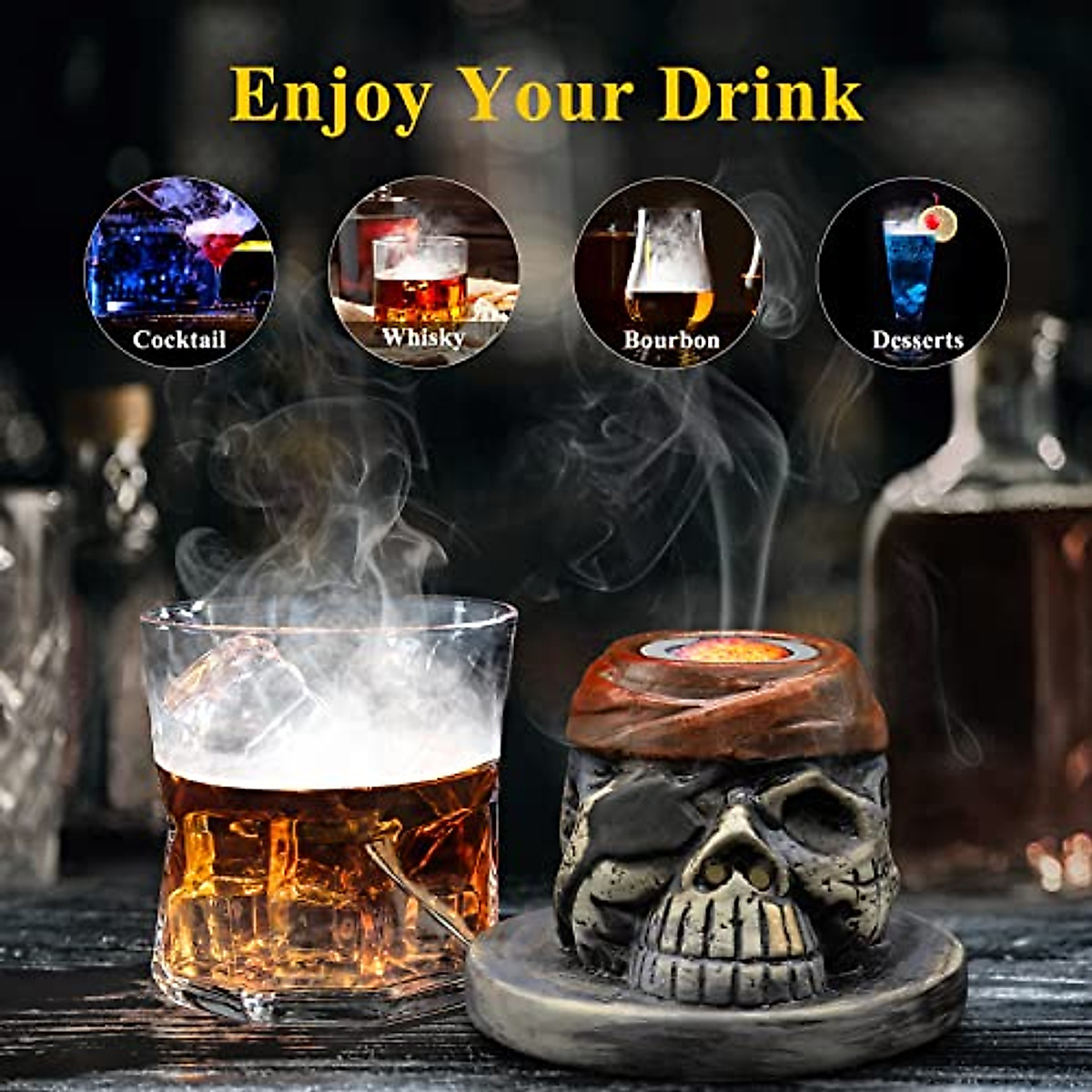 Whiskey Smoker Kit with Torch & 4 Flavors Wood Smoker Chips, iTayga Ceramics Cocktail Smoker Kit for Cocktails, Whiskey, Drinks, Bourbon - Unique Gifts for Men/Father/Husband/Friends(No Butane)