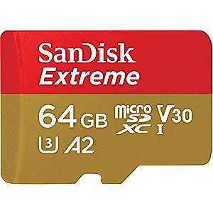 SanDisk 64GB Extreme microSDXC UHS-I Memory Card with Adapter - Up to 160MB/s, C10, U3, V30, 4K, A2, Micro SD - SDSQXA2-064G-GN6MA