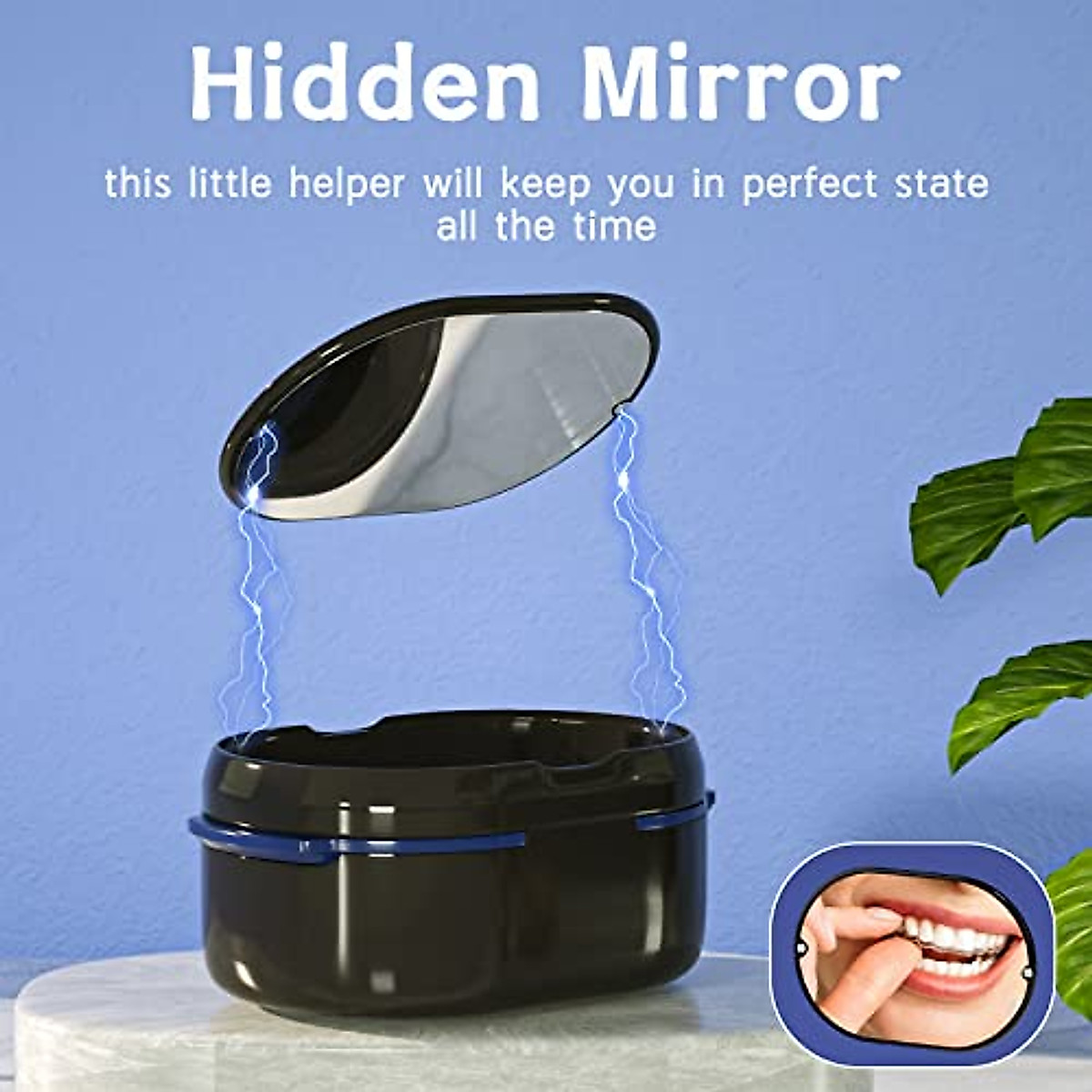 Denture Bath Box And Denture Brush Denture&Retainer Set, Denture Case with Mirror (Black)