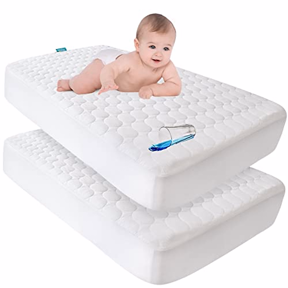 Crib Mattress Protector 2 Pack Pad Waterproof, Quilted Crib Mattress Cover Sheets Fitted, Absorbent & Noiseless Toddler Mattress Protector Fit Baby Toddler Bed Mattress Pad (Standard Size 52” x 28”)
