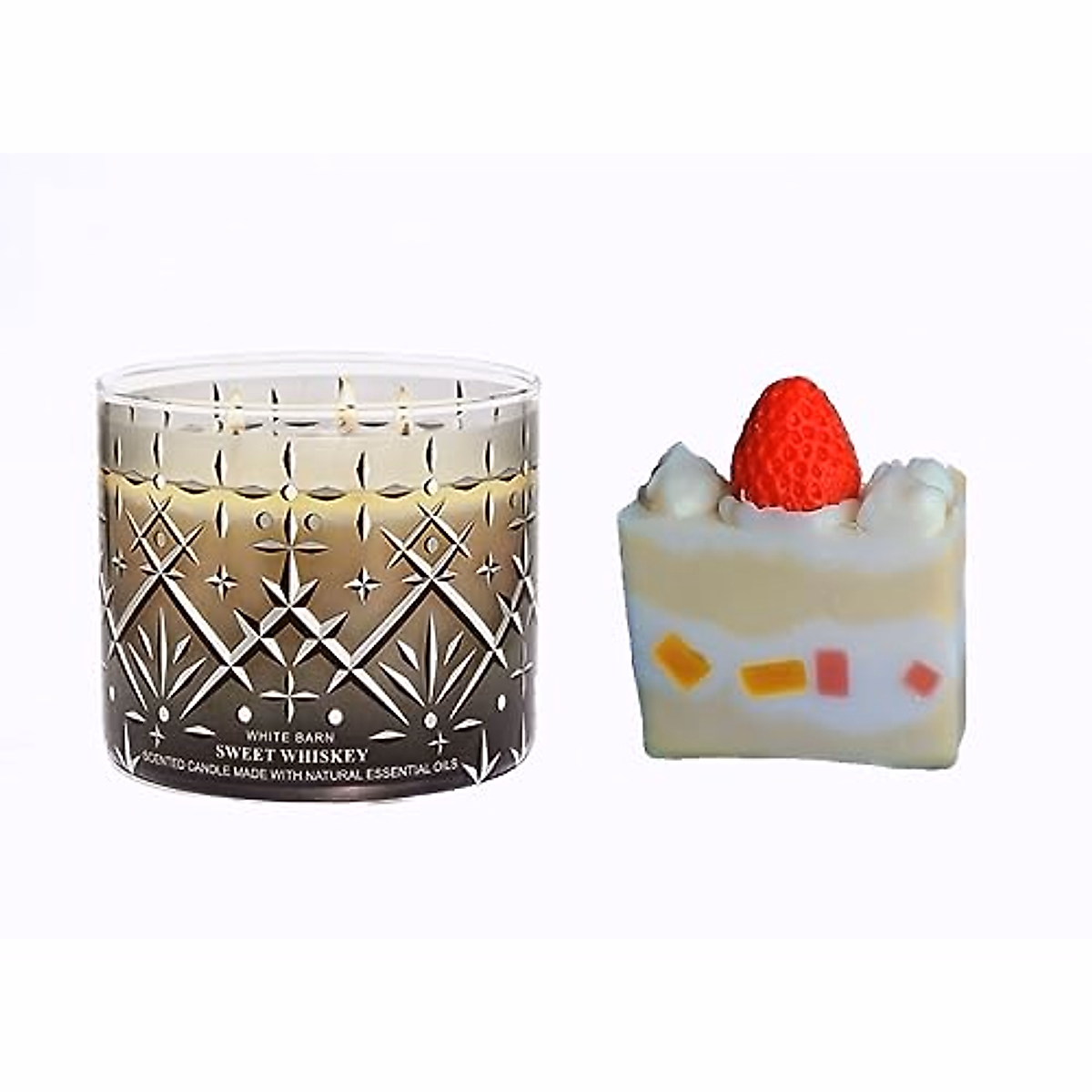 Bath & Body Works- Sweet Whiskey 3-Wick Scented Candle 14.5 OZ Burns 25-45 Hours and Strawberry Cake soap