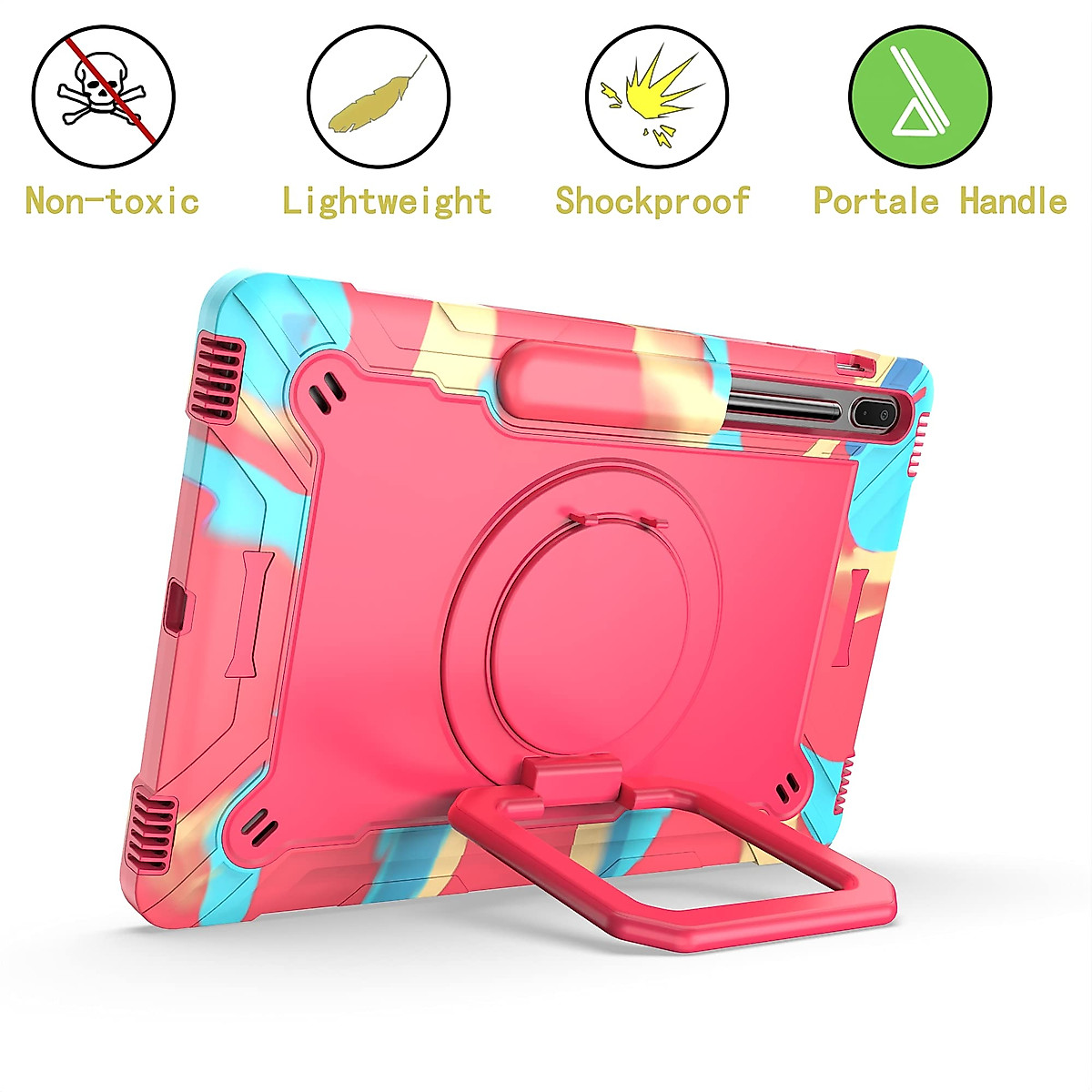 Galaxy Tab S8 Plus Case/Galaxy Tab S7 FE 5G Case Kids/Tab S7 Plus Case 12.4" SM-T738, Dteck Shockproof Case with 360°Swivel Kickstand Case for Samsung Galaxy Tab S8+/Tab S7 FE/Tab S7+, Rainbow & Rose