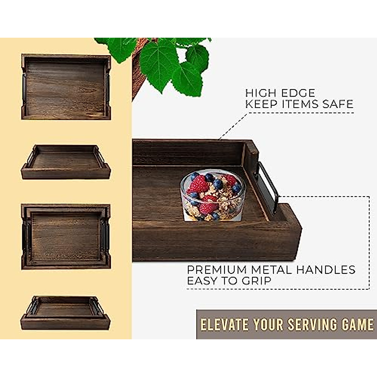 Rustic Wooden Serving Trays with Handle - Set of 2 - Large and Small, Nesting Multipurpose Trays - for Breakfast, Coffee Table/Butler & More - Rustic Brown