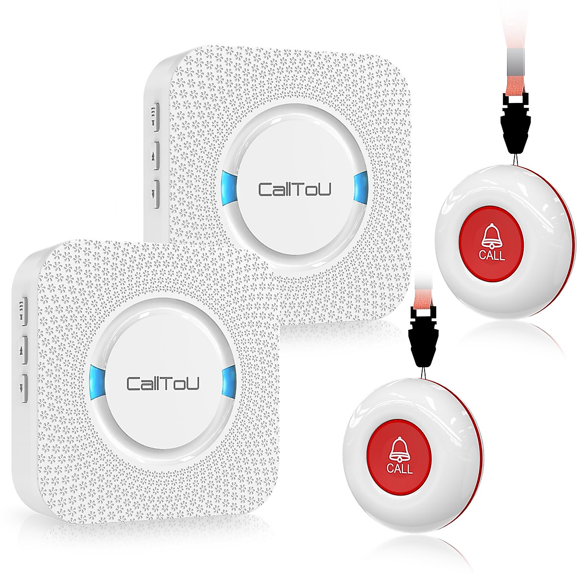 CallToU Wireless Caregiver Pager Smart Call System 2 SOS Call Buttons/Transmitters 2 Receivers Nurse Calling Alert Patient Help System for Home/Personal Attention Pager 500+Feet Plugin Receiver