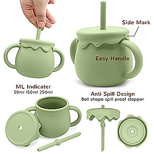 Baby Silicone Feeding Set - BPA Free Baby Led Weaning Supplies With Suction Bowl, Rainbow Divided Plate, Spoons, Forks, Sippy Cup Adjustable Bib, Teether - Self Feeding Dish Set for 6+Months (Olive)