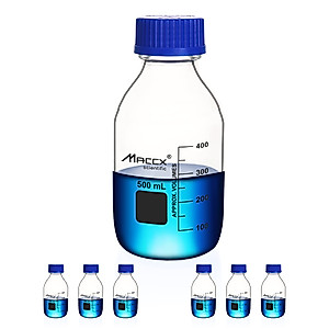 Maccx 17oz (500ml) Glass Round Media Storage Bottles,Pack of 6, Heavy-duty Borosilicate Glass Bottle with GL45 Screw Cap, GL45RB500-006