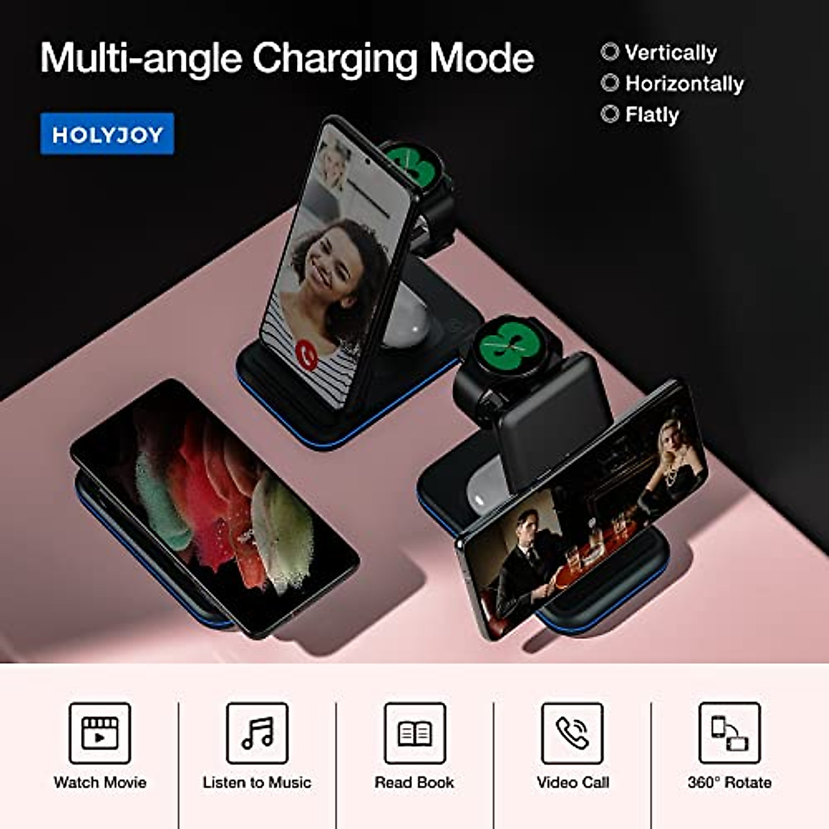 Wireless Charger for Samsung/Android, HOLYJOY Foldable 3 in 1 Fast Charging Station/Stand/Multi Charger for Samsung S23/S22/S21/S20/Note 20, Travel Pad for Galaxy Watch 5/4/3/Active 2, Buds(Black)
