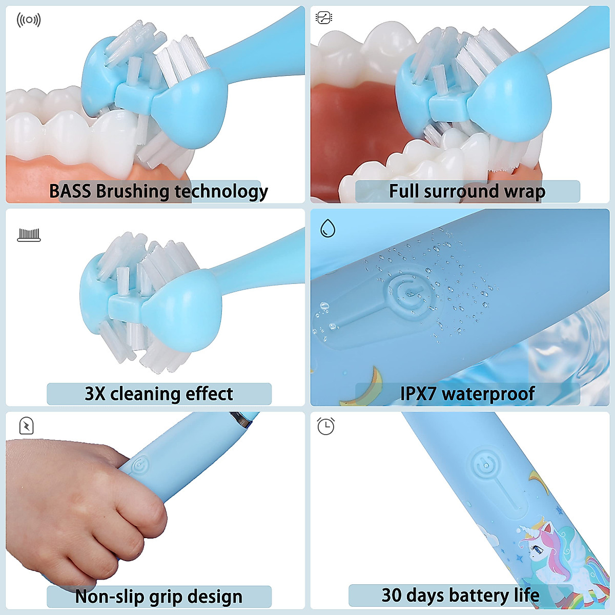 Sunartec Kids Electric Toothbrush, Six-Sided Inside and Outside Cleaning Rechargeable Sonic Toothbrushes with Timer &2 Brush Heads & Four Cleaning Modes, Training Brushing Teeth for Kids Gifts(Blue)