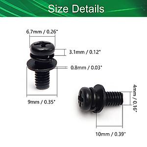 Yinpecly M4 x 10mm Carbon Steel Machine Screws Phillips Pan Head Bolts Combine with Plain Washers Spring Washer Black Tone 50pcs